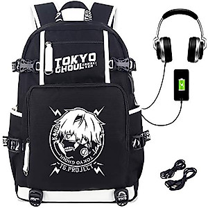 Roffatide Anime Tokyo Ghoul Laptop Backpack Printed Luminous Schoolbag Rucksack with USB Charging Port & Headphone Port Black