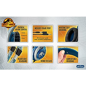 Jurassic World Kids Headphones, Adjustable Headband, Stereo Sound, 3.5Mm Jack, Wired Headphones for Kids, Tangle-Free, Volume Control, Childrens Headphones Over Ear for School Home, Travel