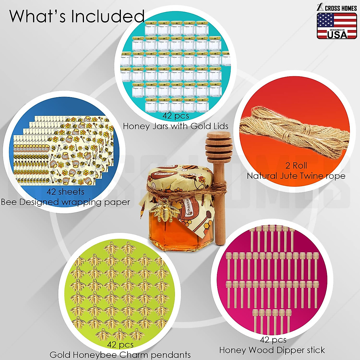 Honey Pot Hexagon Glass Honey Jar 1.5oz 42sets - Honey Jars with Wood Dipper Gold Lid Gold Bee Charm Pendant Decorative Bee Wrapping Paper Jute Hanging Rope - Wedding Favors Baby Shower Party Favors