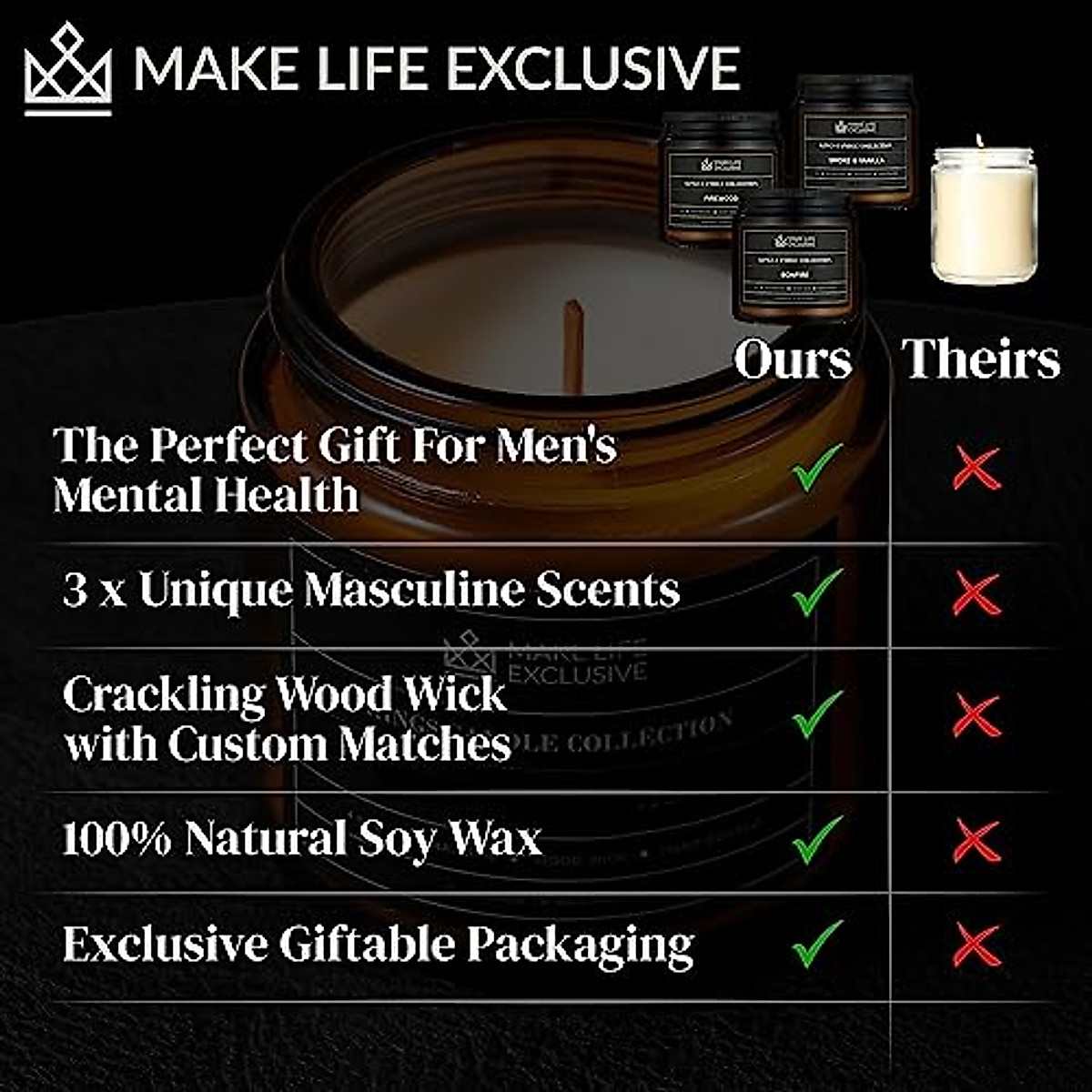 Set of 3 4oz Scented Candles for Men Gift Set | by The Fire | Woodwick Crackling Masculine Scent Candles | Manly Tobacco, Fire & Mahogany Teakwood Soy Candles | Unique Gift