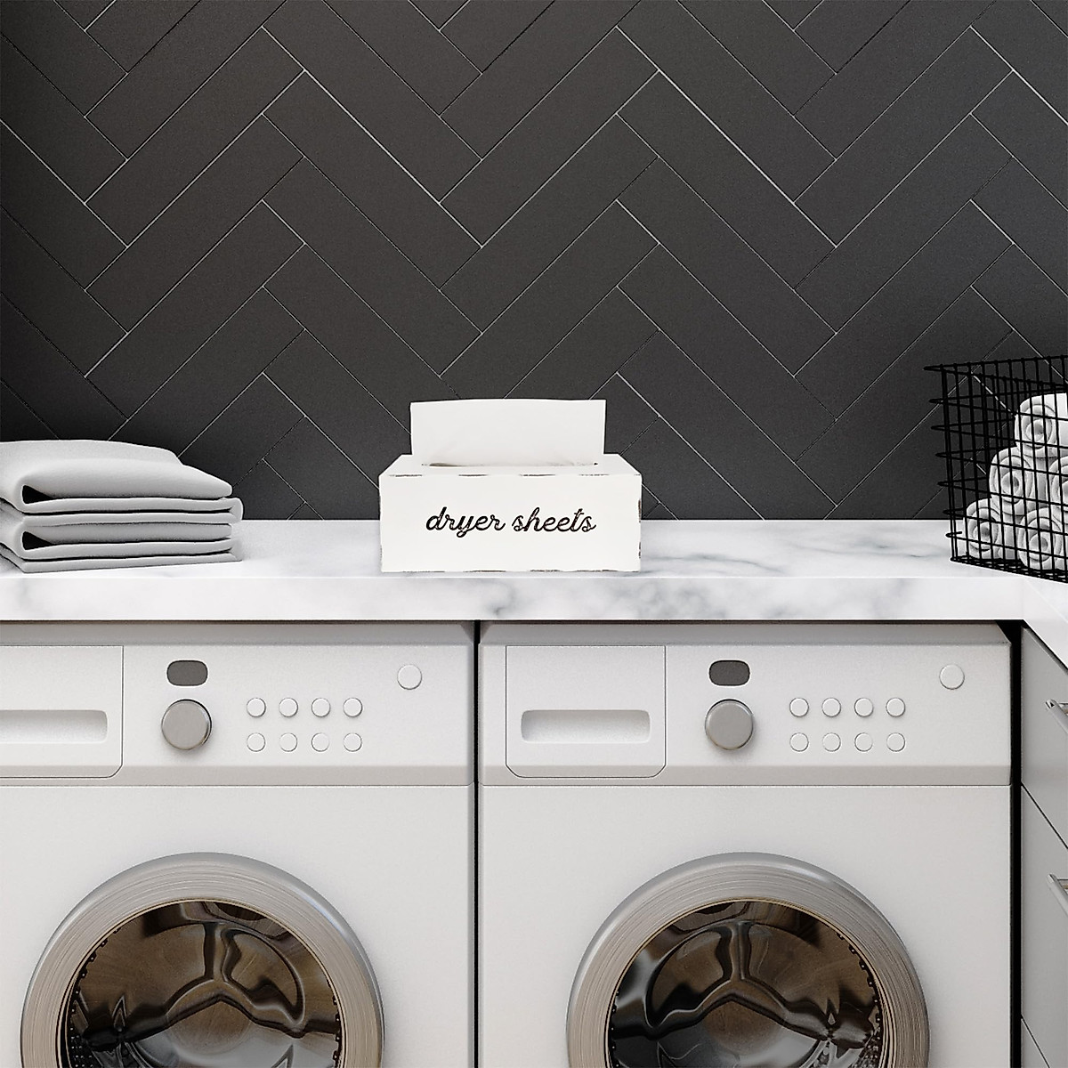 AuldHome Dryer Sheet Dispenser; Countertop Rustic White Fabric Softener Sheet Holder for Laundry Room