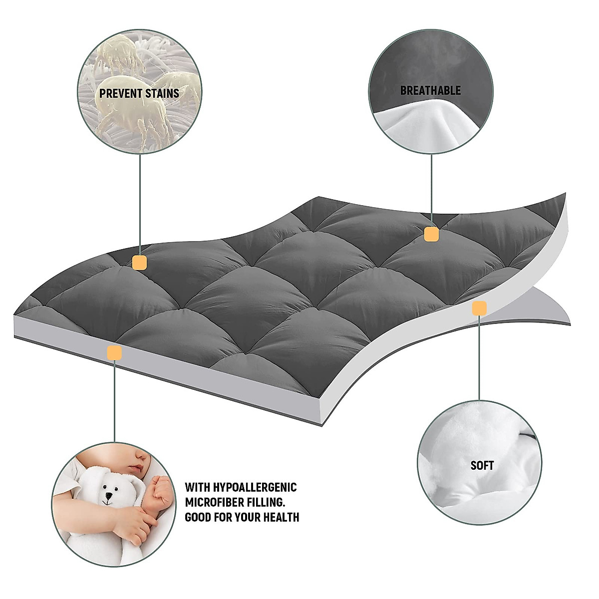 Extra Thick Mattress Topper King Size, Down Alternative Fill Plush Mattress Pad Cover Topper, Cooling Pillow Top with 8-21Inch Deep Pocket, Dark Grey4