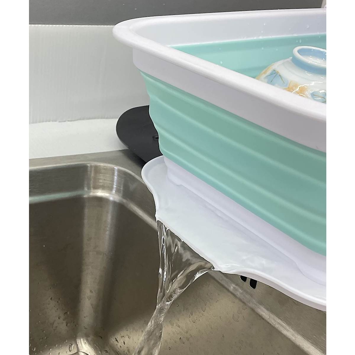 SAMMART 7.5L (2 Gallon) Collapsible Dish Drainer with Drainer Board - Foldable Drying Rack Set - Portable Dinnerware Organizer - Space Saving Kitchen Storage Tray (White/Lake Green, 1)