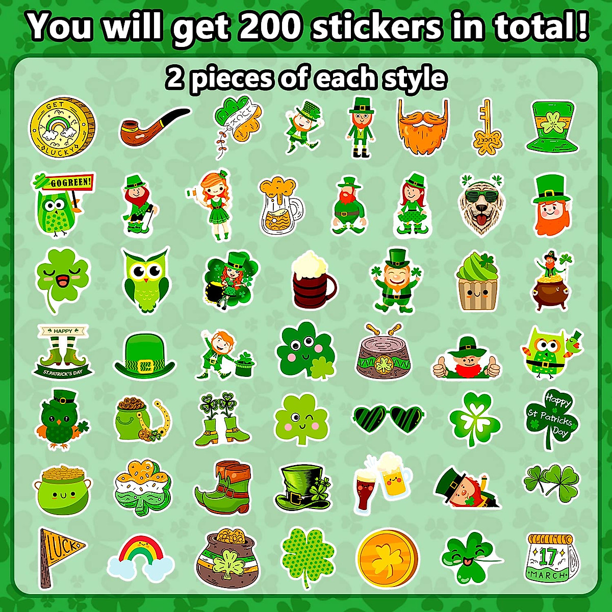 Celaza 200pcs St.Patricks Stickers, Self-Adhesive Stickers with Shamrocks Clover Gold Coin Sticker, St.Patricks Day Goodie Bags Fillers for Kids Wraps Decorations Ornaments