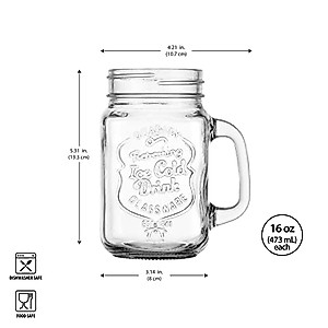 Glaver's Drinking Jars – Set of 6 Mason Jar Cups – 16 Oz Glasses with Handle, Ice-Cold Drinkware Logo – Jars are Ideal for Cold Beverages, Cocktails, Shakes, Sodas, Juice.