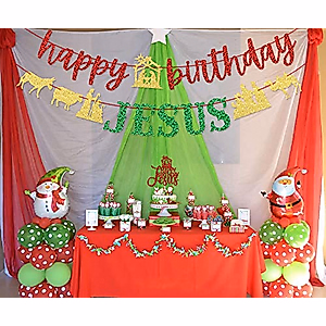 Happy Birthday Jesus Glitter Banner Pre-strung Happy Birthday Jesus Cake Topper for Christian Christmas Jesus' Birthday Decor