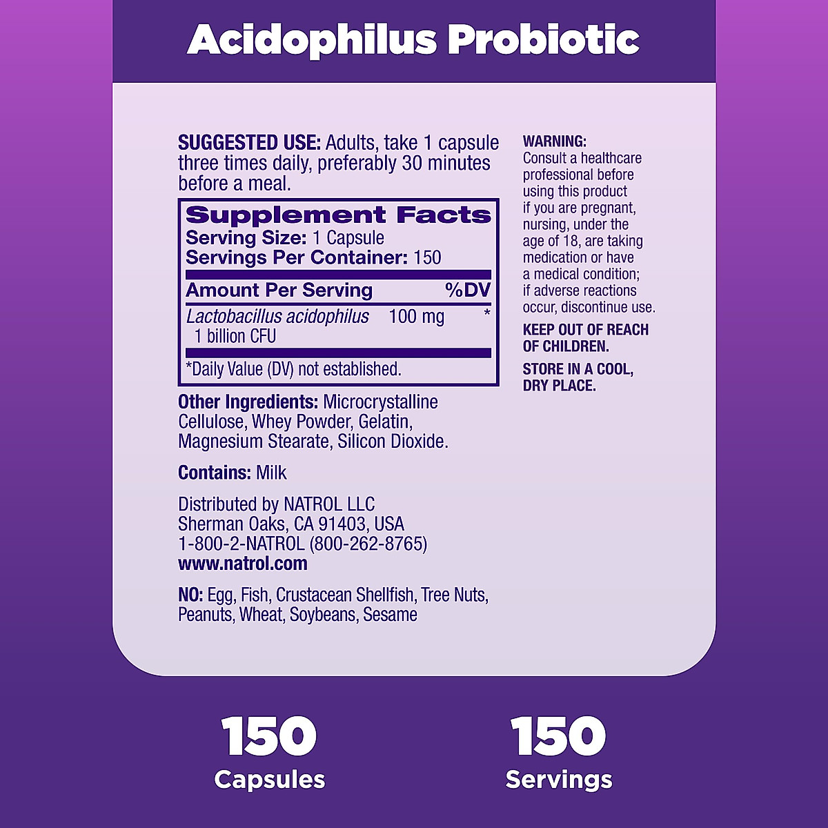 Natrol Acidophilus Probiotic 100 mg, Dietary Supplement for Healthy Gut Function, Digestive Health Capsules for Adults, 150 Capsules, Up to a 50 Day Supply
