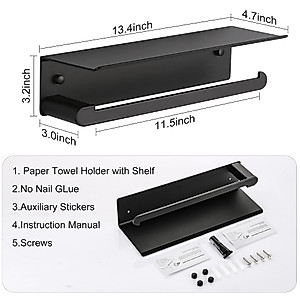 DUFU Paper Towel Holder Wall Mount for Kitchen, Self-Adhesive Paper Towel Holder with Shelf for Bathroom, Anti-Rust Aluminum, No Drill or Wall-Mounted with Screws (Matt Black)