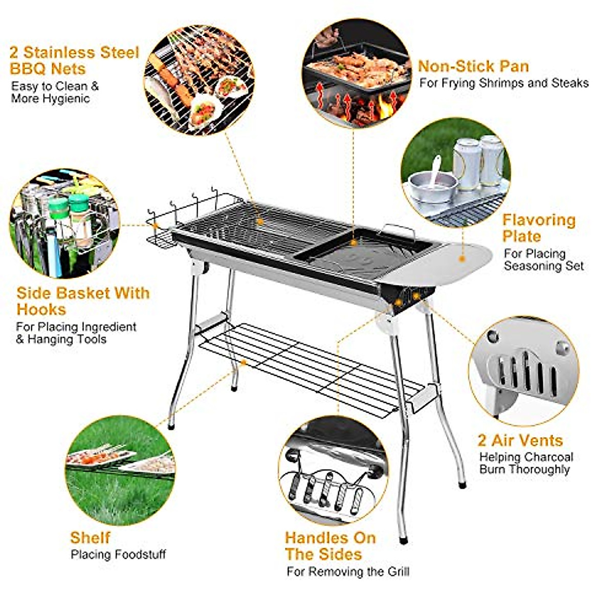 TeqHome Portable Charcoal Grill, Upgraded Folding Large Barbecue Charcoal Grill W/Board Shelf & Flavoring Storage Basket, Stainless Steel Frame, for 8 People Picnic Garden Terrace Camping Travel Use