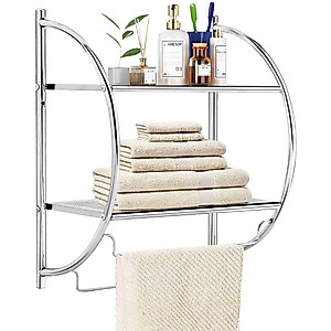 ReunionG 2-Tier Bathroom Shelf with Towel Rails, Wall Mounted Towel Shelf with Space-Saving Design, Multifunctional Chrome Bathroom Storage Shelf for Bathroom Laundry Room Kitchen, Easy Assembly