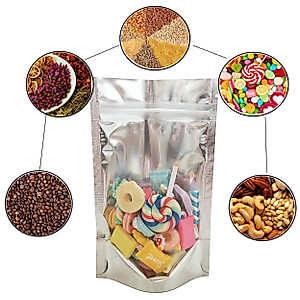 Couga Mall 100 PCS Airtight Zipper Stand Up Pouch Bag, Reusable Packing Storage Package Bag with Clear Front Aluminum Foil Back for Storing Snacks, Beans, Seeds & Food (5.5"7.9")