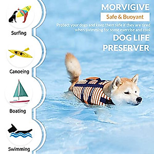 MORVIGIVE Striped Dog Life Jacket, Ripstop Dog Life Vest Preserver for Boating & Swimming with Rescue Handle, Reflective Puppy Float Coat Pet Swimsuit with Adjustable Straps and Side-Release Buckles