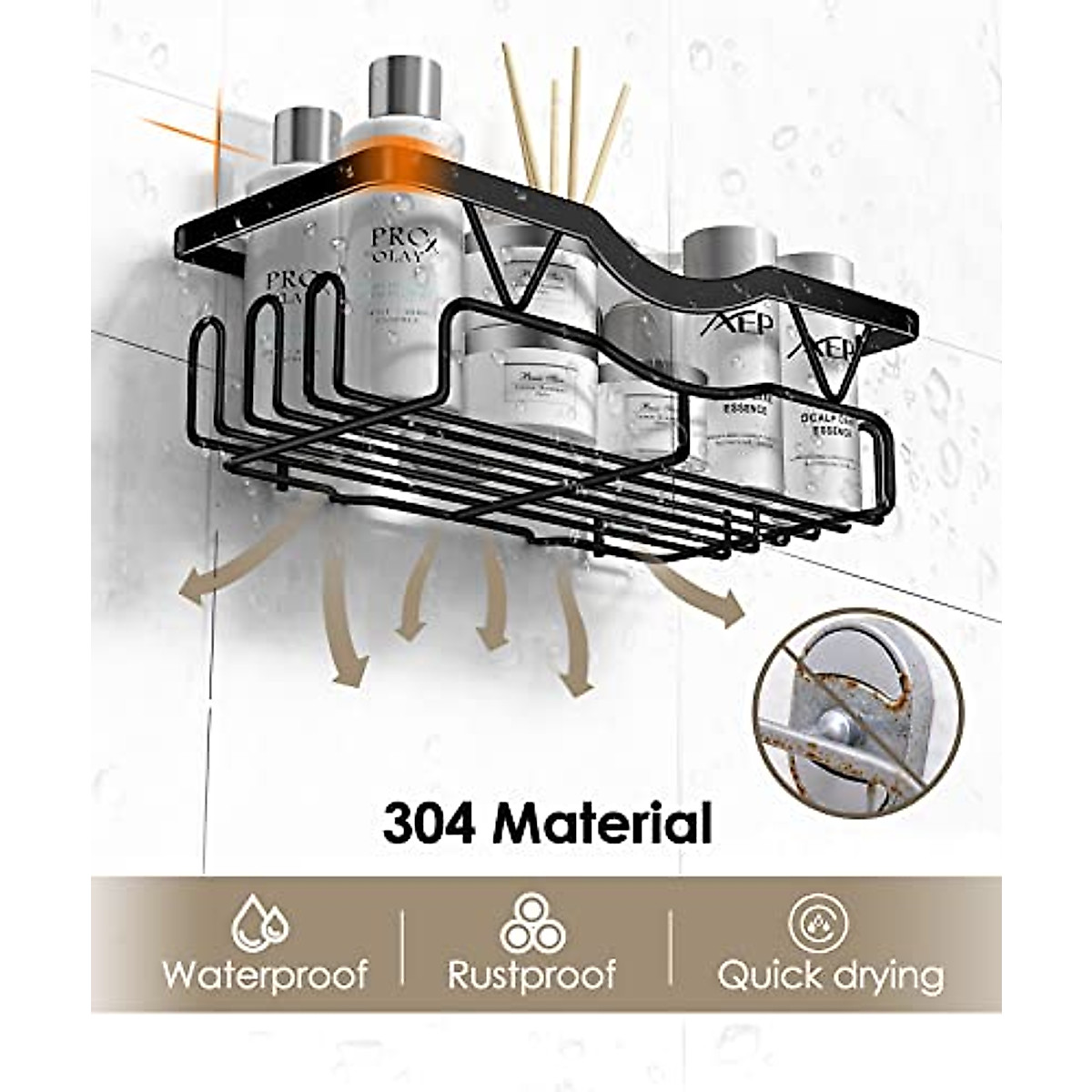 longzon Shower Caddy with 6 Traceless Adhesive, 3 Pack Shower Organizer, No Drilling Stainless Steel Shower Shelf, for Bathroom Suction Cup Storage Rack Shelves Black