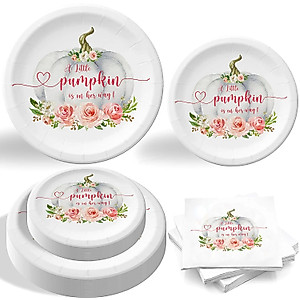 Yuzioey Pumpkin Baby Shower Decorations, A Little Pumpkin is on the Way Baby Shower Tableware for 25 Guests, Pumpkin Theme Baby Shower Supplies Tableware, Paper Plates, Napkins, Dessert Plates