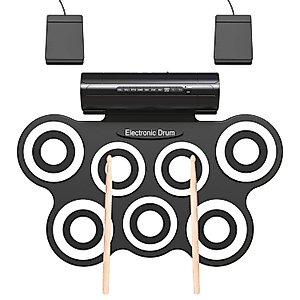 7 Pads Electronic Drum Set, Roll Up Drum Practice Pad Midi Drum Kit with Headphone Jack Built-in Speaker Drum Pedals Drum Sticks 10 Hours Playtime（White)