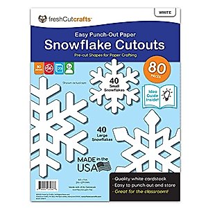 FreshCut Crafts | 80 Pieces Snowflake Paper Cutouts with IDEA Guide, 2-Sided US Made Card Stock Punch Out White Snowflakes for Bulletin Boards, Classroom Decor, and Winter Crafts
