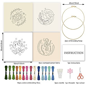 INFUNLY 4 Sets Embroidery Kit for Beginners with Sea Animals Pattern DIY Embroidery Kit for Adults Ocean Embroidery Art Kit Cross Stitch Kit for Adults with Plastic Embroidery Hoops Threads Needles