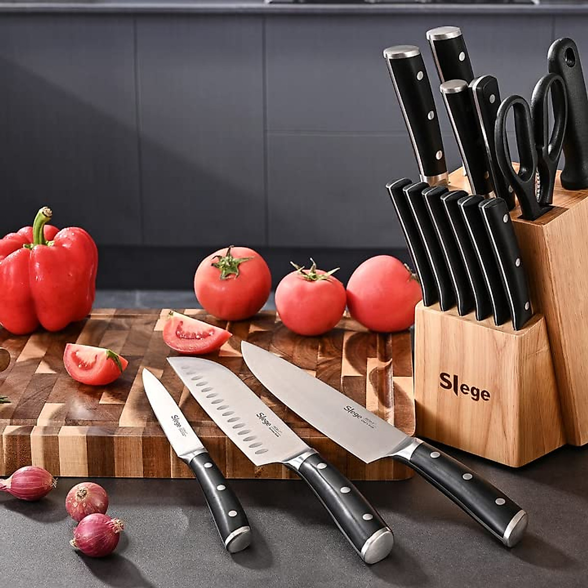 Knife Block Set,Kitchen Knife Set,15 Pieces Chef Stainless Steel Knife Set with Sharpener,High Carbon Sharp Cutlery Knife Set with Grey Marbling Handles