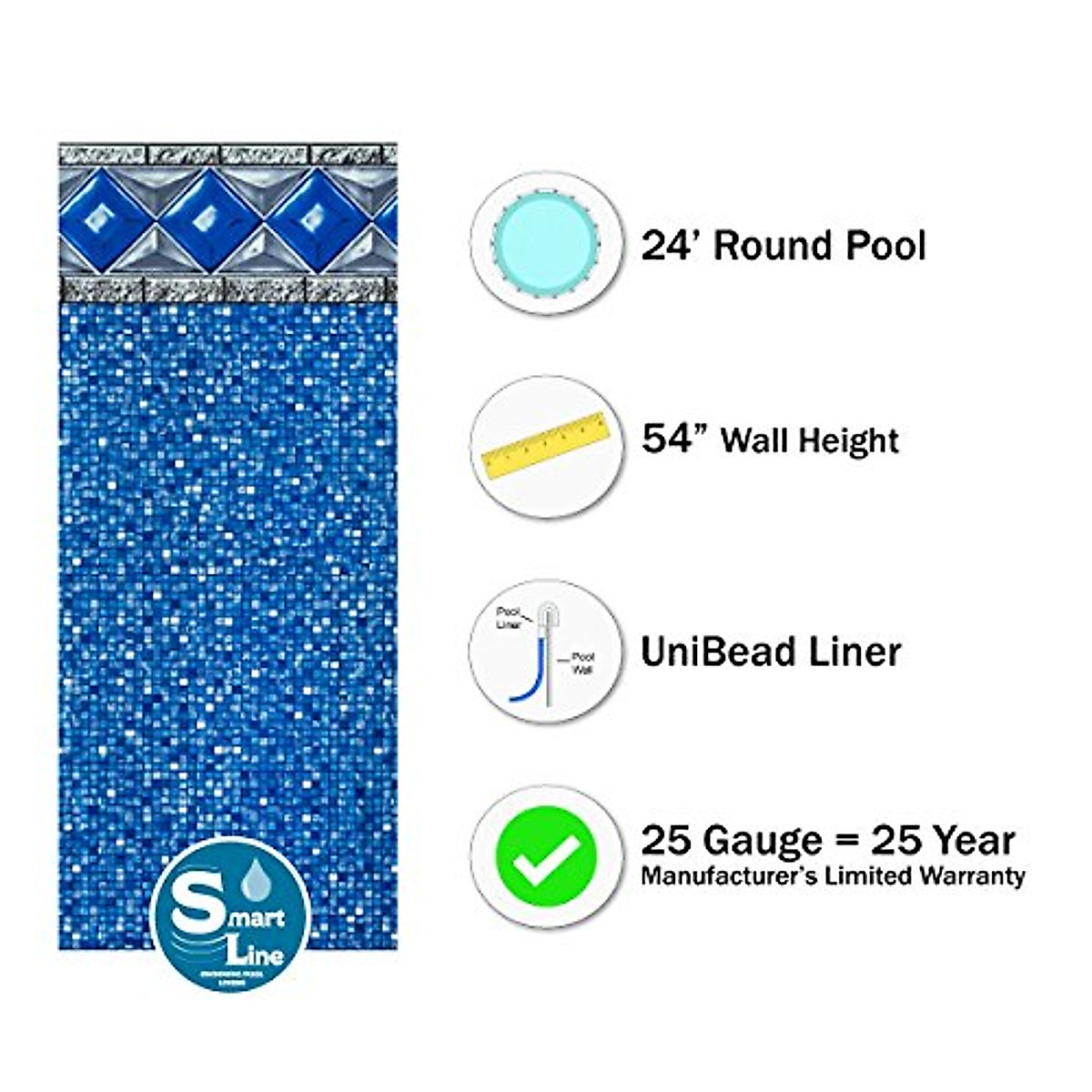 Smartline Crystal Tile 24-Foot Round Liner | UniBead Style | 54-Inch Wall Height | 25 Gauge Virgin Vinyl Material | Strong and Durable Liners | Designed for Steel Sided Above-Ground Swimming Pools