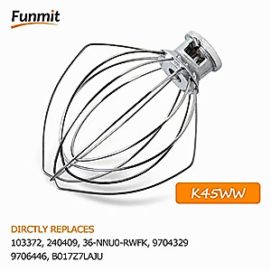 Funmit Mixers Accessories K45WW Wire Whip K45DH Dough Hook K45B Coated Flat Blade Paddle with Scraper Replacement for Kitchen Tilt-Head Stand Mixer Attachments- Stainless Steel