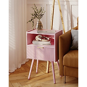 JOONEE Nightstand,Modern Bedside Table with Storage Drawer and Open Wood Shelf, for Living Room, Bedroom and Small Spaces, Accent Night Stand with Solid Wood Legs, Easy Assembly,Classic Pink