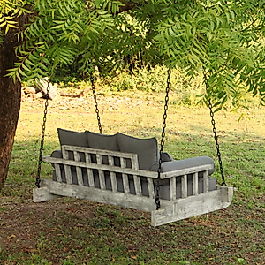 Ash & Ember Grade A Teak Twin Sized Porch Swing with Chain, 75" Wide Antique Finish Teak Wood Bed Frame with Grey Cushions, Weather-Resistant Backyard Benches Swings and Patio Furniture