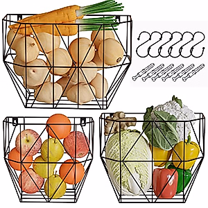 Wall Hanging Fruit Basket for Kitchen - Wall Mount Fruit Basket-Wire Basket with Hooks & Screws - Metal Wire Basket for Fruits & Vegetables Storage - Set of 3 - Black