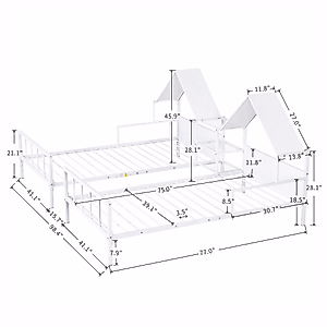 P PURLOVE Twin Size Double Bed for Kids,Metal Double Bed Frame,Two Twin Platform Beds with House-Shaped Headboard and a Built-in Nightstand for Boys Girls Teens,Wihite