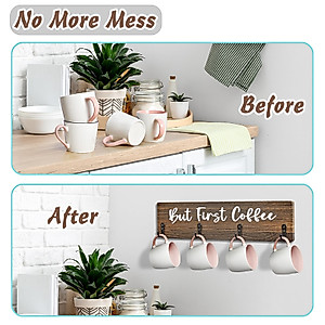 Bivvclaz Coffee Mug Holder Wall Mount, Acacia Wood Coffee Cup Holder, But First Coffee Rustic Wood Wall Sign, Mug Hanger Organizer Shelf Rack, Farmhouse Kitchen Decor and Coffee Bar Accessories