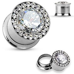 blue palm jewelry Pair of 00 Gauge 10mm CZ Centered CZ Rim Surgical Steel Double Flared Screw FE37