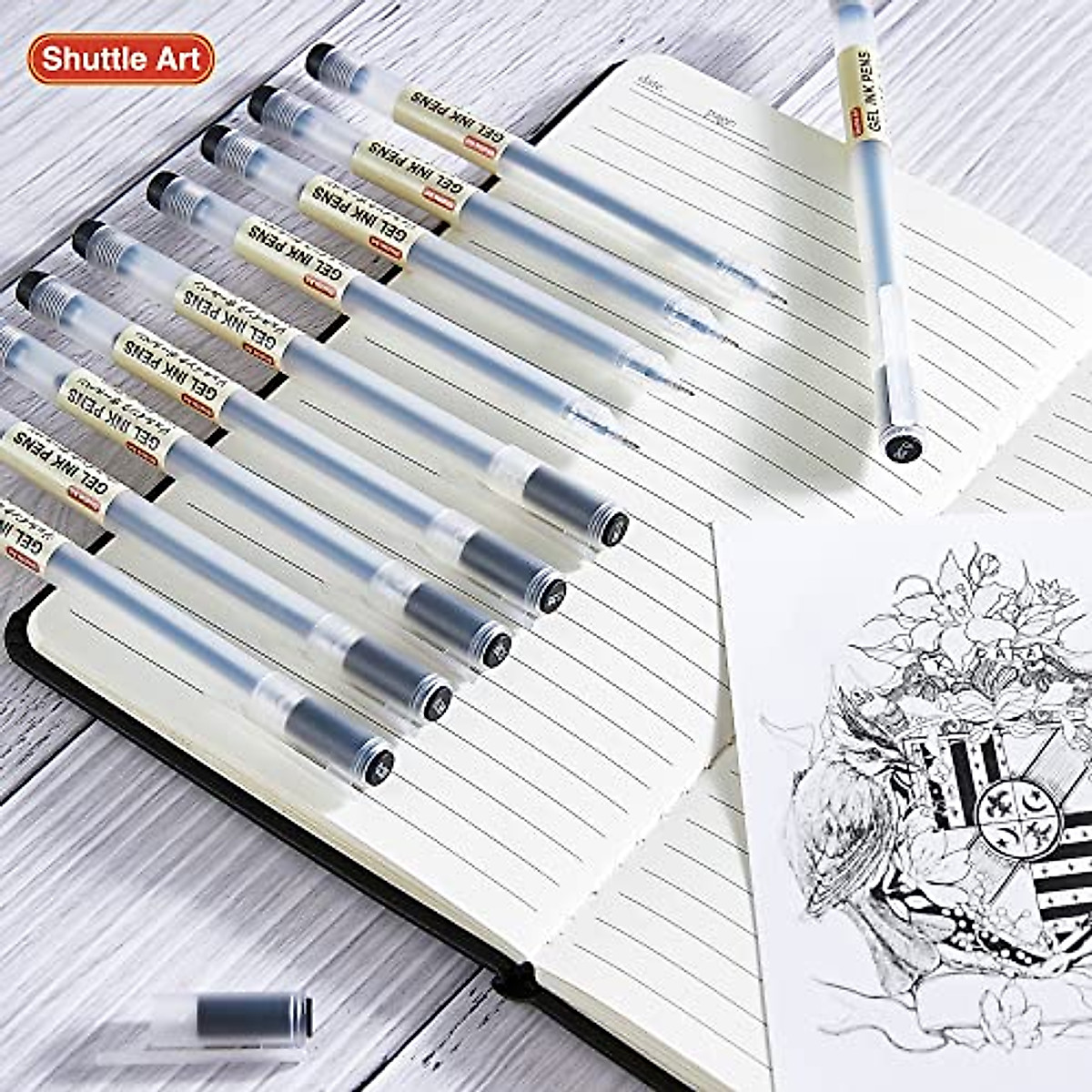Shuttle Art Gel Ink Ball Point Pens, 15 Pack Black Japanese Style Pens, 0.38mm Extra-Fine Ballpoint Pens for Home, School and Office