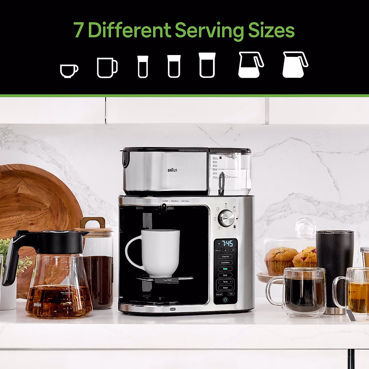 Braun MultiServe Plus 10- Cup Pod Free Drip Coffee Maker, 7 Brew Sizes/Hot & Cold Brew & Hot Water for Tea, KF9370SI