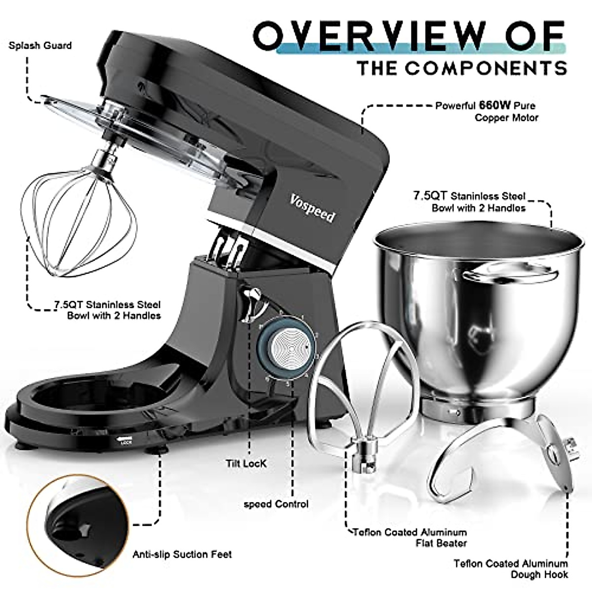 Vospeed Stand Mixer, 7 QT 660W 6+P Speed Tilt-Head Kitchen Mixer, with Stainless Steel Mixing Bowl, Beater, Dough Hook, Whisk, for Household (Black)