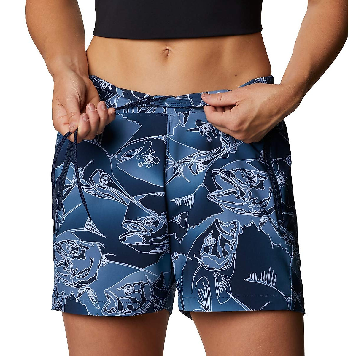 Columbia Women’s PFG Tidal II Shorts, Stain Resistant, Sun Protection, Collegiate Navy Fish Frenzy Print, X-Small