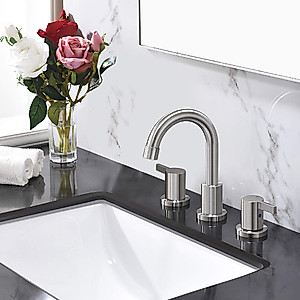 Phiestina 2 Handle 3 Hole 8 Inch Widespread Bathroom Faucet with Metal Pop-Up Drain, Brushed Nickel, WF015-1-BN
