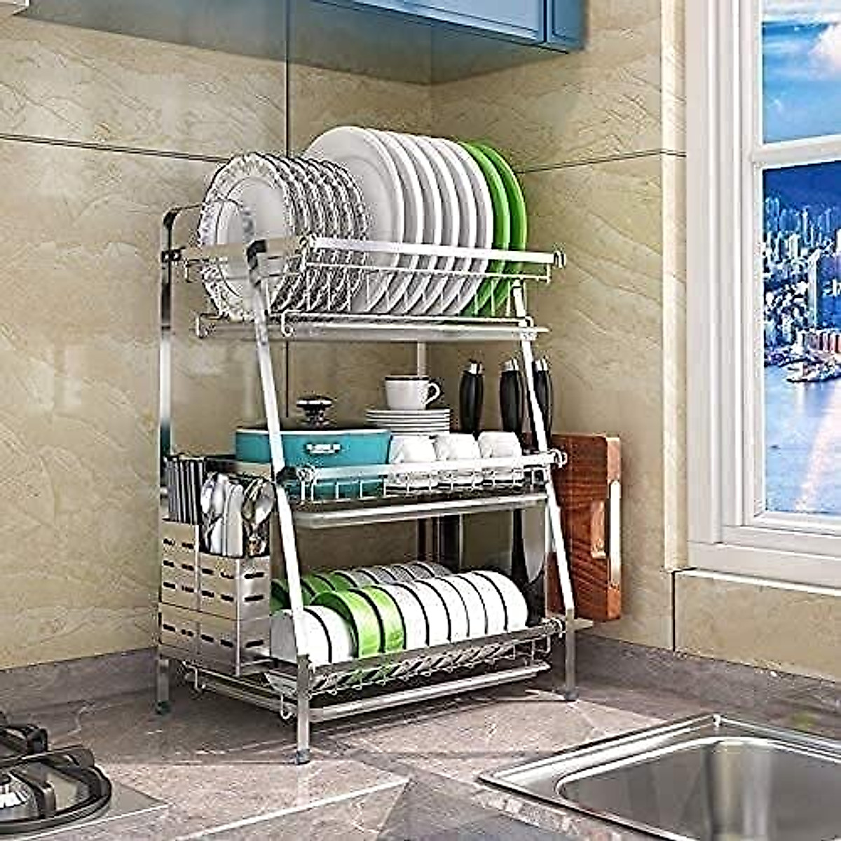 Plate Rack Dish Drainer Rack Kitchen Supplies Storage Draining with Chopsticks/Knives/Cutting Board Holder Drainboard Pan Plate Holder (Color : Silver, Size : 3-Tier)