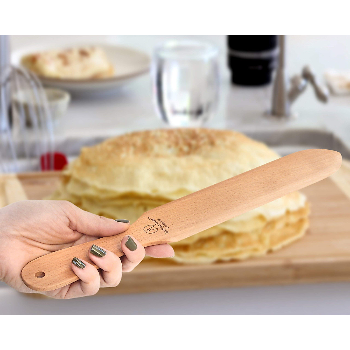 The ORIGINAL Crepe Spreader and Spatula Kit - 2 Piece Set (5” Spreader and 14” Spatula) Convenient Size to Fit Medium Crepe Pan Maker | All Natural Beechwood Construction only From Indigo True Company
