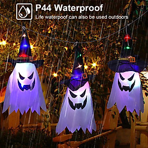 Halloween Decorations Outdoor,Hanging Glowing Ghost Witch Hat with String Lights,Scary Halloween Tree Decorations Ornaments for Indoor Outside Home Window Porch Garden Yard Party Decor