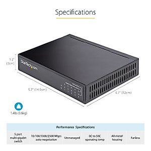 StarTech.com Unmanaged 2.5G Switch - 5 Port Gigabit Switch - 2.5GBASE-T Unmanaged Switch - Network Switch - Desk or Wall Mount - Backwards Compatible with 10/100/1000Mbps Devices - 9K Jumbo (DS52000)