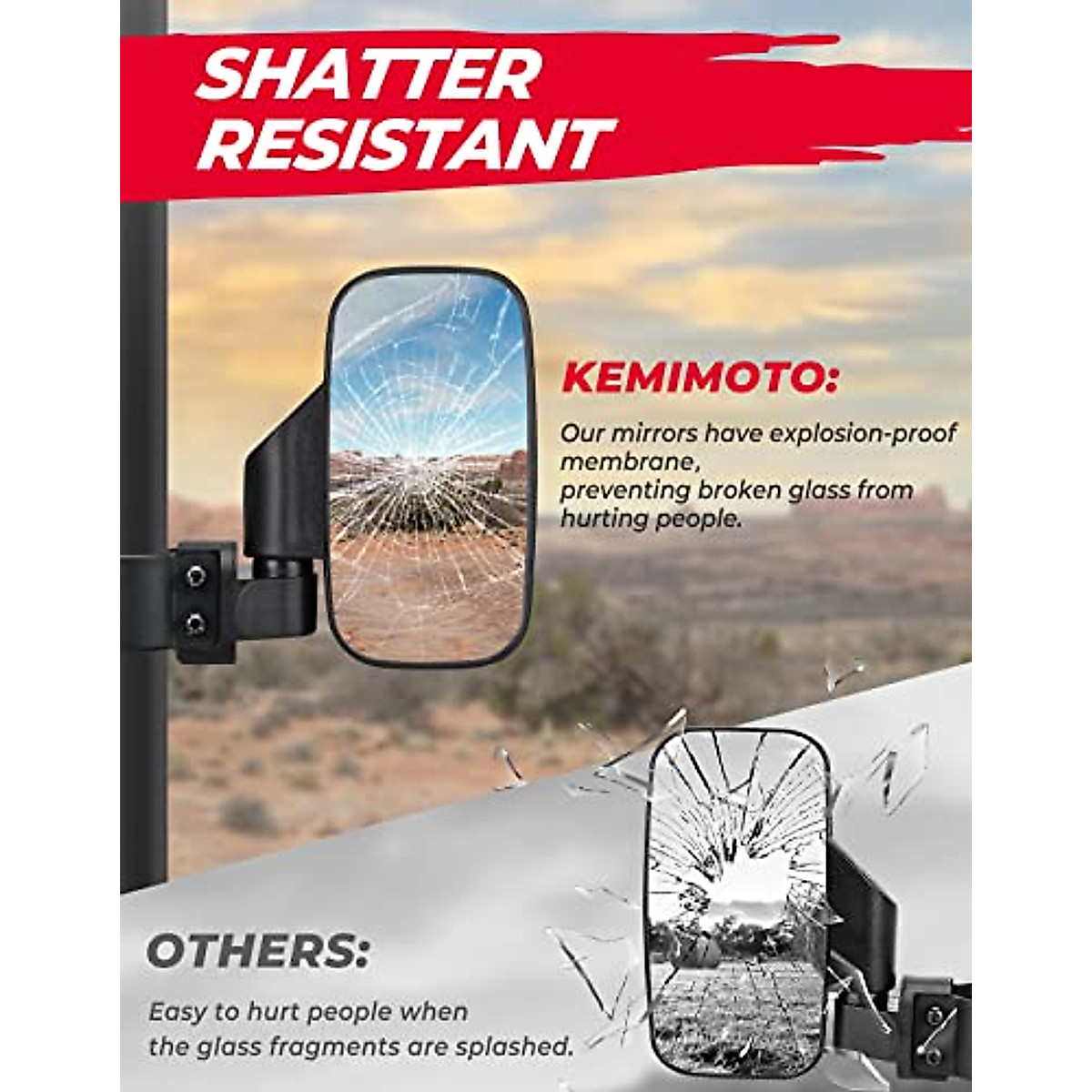 UTV Mirrors, KEMIMOTO UTV Side Mirrors Fits 1.6-2 IN Roll Cage Compatible with Pioneer Polaris RZR 900 1000 Can Am Kawasaki Mule Rhino YXZ Zforce Shatter Proof Tempered Glass