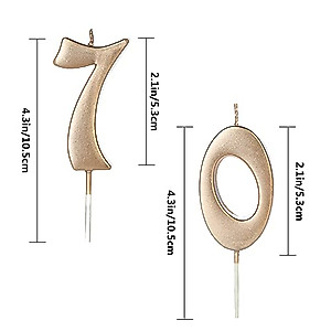 Champagne Gold 70th Birthday Candles for Cake, Number 70 7 Glitter Candle Party Anniversary Cakes Decoration for Kids Women or Men