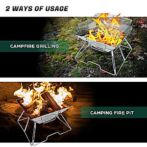 Odoland Bundle – 2 Items 10pcs Camping Cookware Mess Kit and Folding Campfire Grill, Camping Fire Pit, Outdoor Wood Stove Burner for Outdoor Backpacking Hiking BBQ