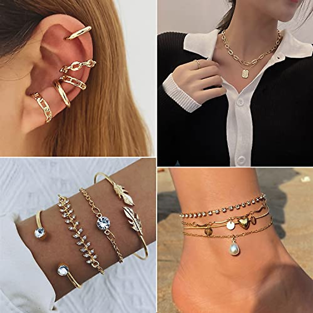 17IF 36 Pcs Gold Jewelry Set with 8 Pcs Rings, 6 Pcs Necklace, 12 Pcs Bracelet and 10 Pcs Earring Ear Cuff for Women Fashion Indie Costume Jewerly Pack for Anniversary Birthday Friendship MerryChristmas Party Gift
