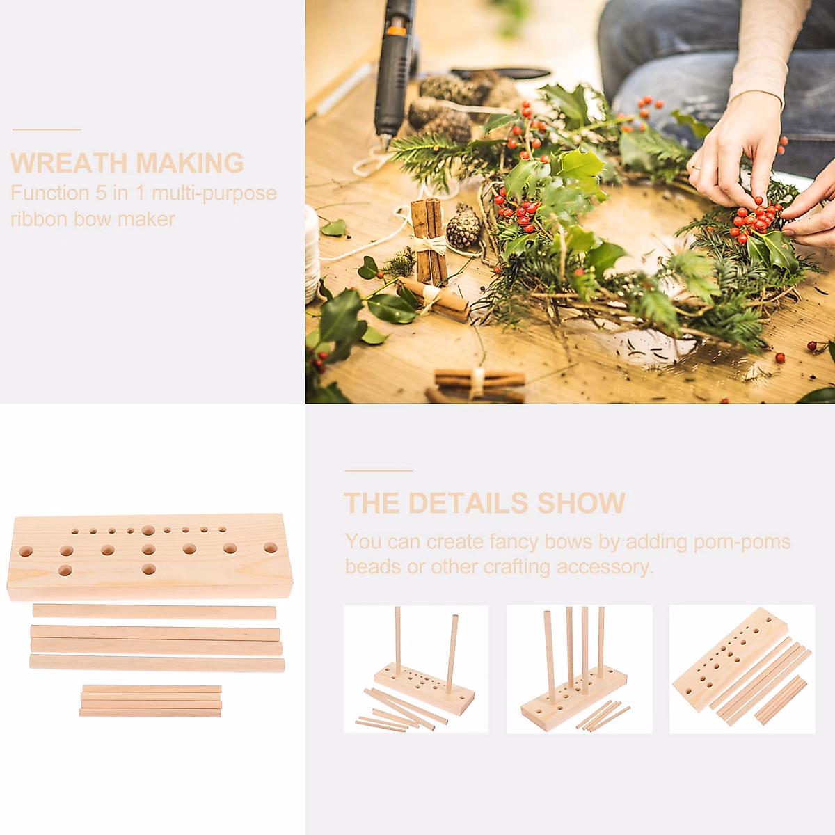 Kisangel 1 Set 5- in- 1 Bow Maker Wooden Wreath Bow Maker Bow Making Tool for DIY Craft Ribbon Wreaths Christmas Holiday Halloween Bows Decoration