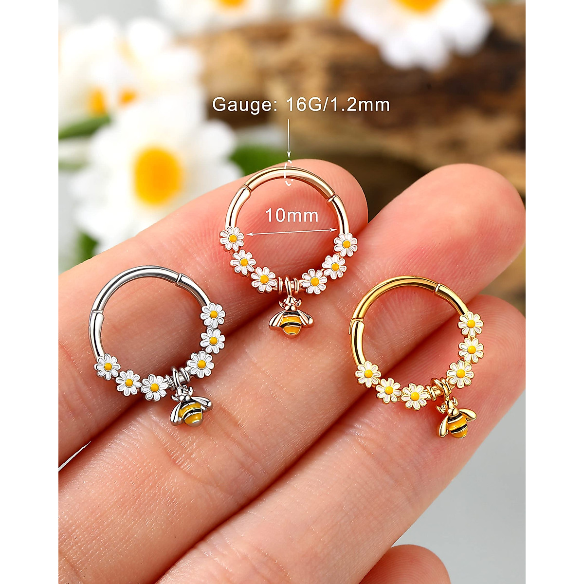 Melighting Bee Septum Rings 16G Dangle Septum Jewelry Stainless Steel 316L Flower Septum Ring Cute Daith Earrings Helix Earring Cartilage Tragus Piercing for Women