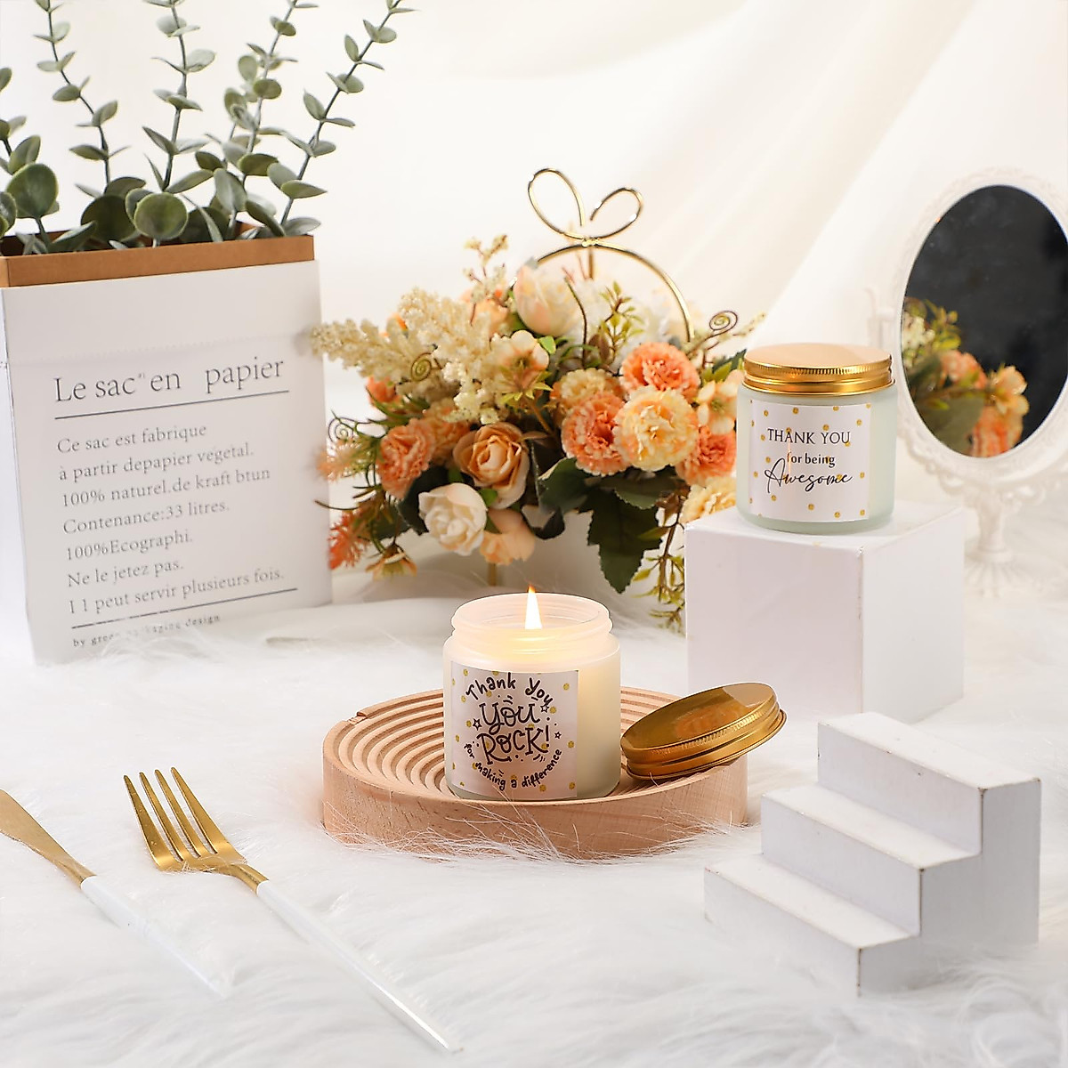 Roowest 10 Jars Christmas Thank You Candles Bulk 3.5 oz Thank You Gifts Bulk Soy Wax Jar Inspirational Candle Employee Appreciation Gifts for Coworkers Team Women Teacher(White,Polka Dot Style)