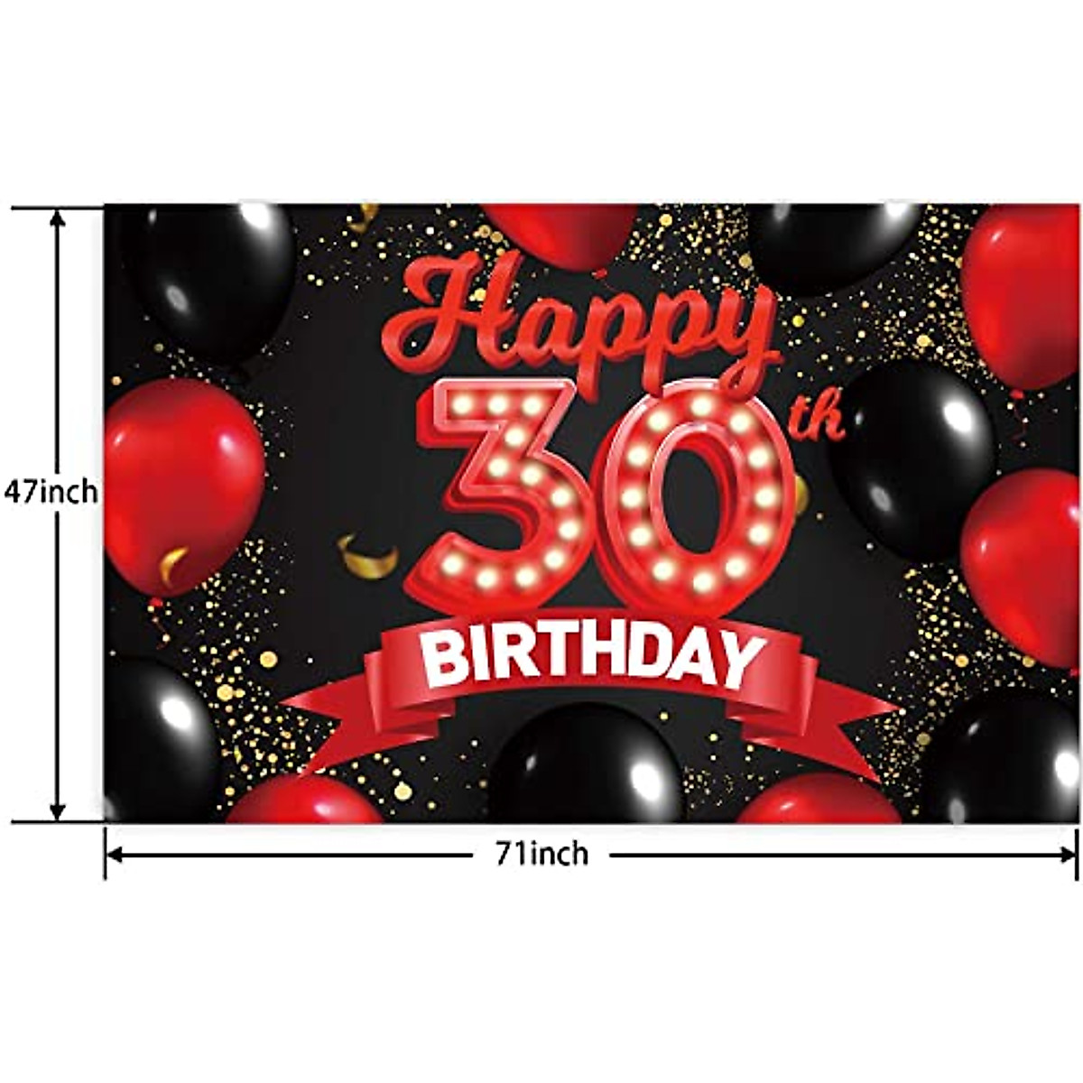 Happy 30th Birthday Red and Black Banner Backdrop Decorations Balloons Theme Decor for Girls Women Princess 30 Years Old Birthday Party Bday Photo Booth Props Supplies Background Favors Glitter Gold