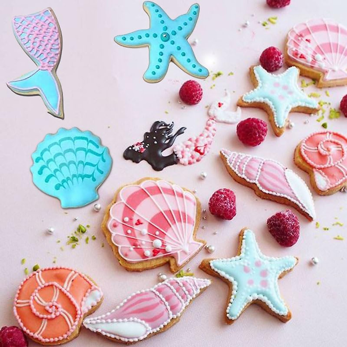 TINGSING Cookie Cutters 13-Piece Under The Sea Cookie Cutter Set with Recipe Booklet, Shark, Whale, Fish, Mermaid Tail, Sea Turtle