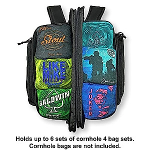 Tan Cornhole Backpack with ACE Patch - Holds Up to Six Cornhole Bag Sets (Up to 24 Bags) - Includes 2 Side Pockets, 2 Phone Holders, 2 Straps, Headphone Passthrough Ports