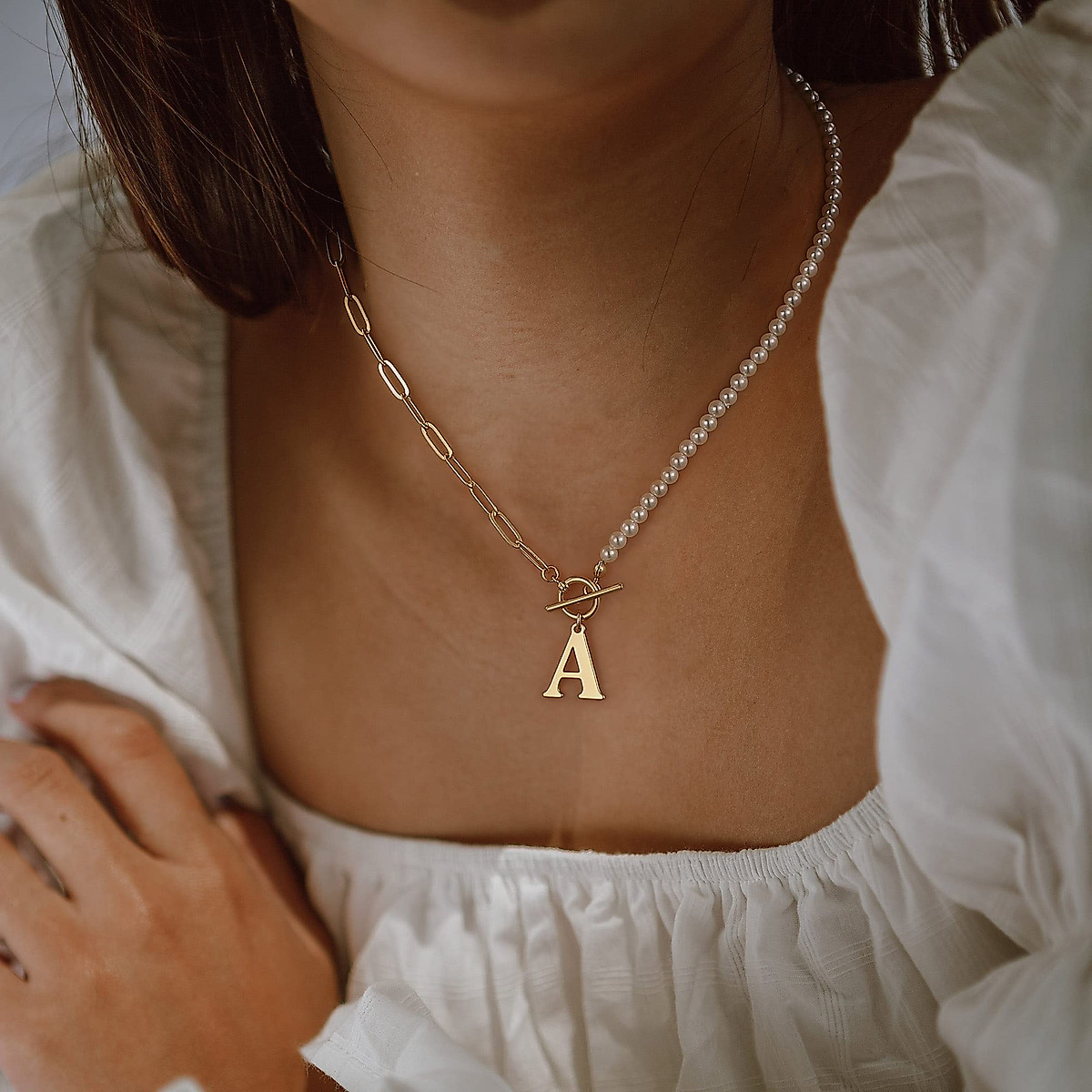 Dainty Initial Pearl Necklace for Women, 14K Gold Plated Paperclip Link Chain Necklace Toggle Clasp Necklace Initial Necklaces Gold Jewelry for Women Letter M